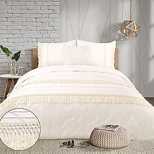YINFUNG Tassel Duvet Cover Set Queen Fringed Cotton Boho Macrame Crochet Ivory Cream Fringed Elegant Pretty Boho Chic Bohemian Off White Bedding Set 90x90 Textured 3Pieces Quilt Cover Beige Women