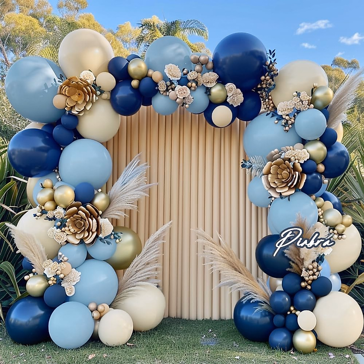 Navy Blue Balloon Garland Double Stuffed Dusty Blue White Sand Balloons Slate Blue Beige Cream Balloon Arch Kit Metallic Gold Balloons For Neutral Baby Shower Graduation Birthday Party Decoration