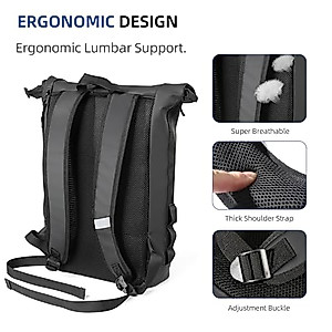 Ajiga Roll Top Travel Backpack for Men and Women, Lightweight Expandable Casual Daypack for 17 inch Laptop for Work Business College, Stylish and Water-resistent, Black