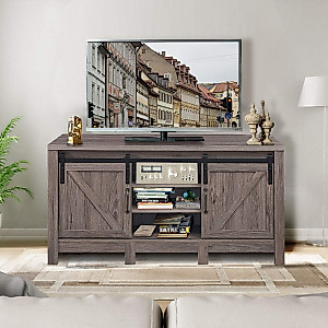 Tangkula TV Stand with Sliding Barn Doors, Modern Farmhouse Wood Entertainment Center for 55 Inch TV, Media Console Cabinet w/Storage Cabinets & Adjustable Shelves, Grey TV Stands for Living Room