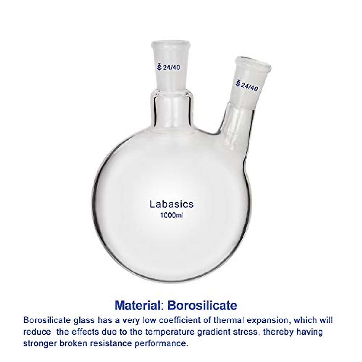 Labasics Glass 1000ml 2 Neck Round Bottom Flask RBF, with 24/40 Center and Side Standard Taper Outer Joint, 1000ml