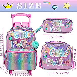 HTgroce 3 in 1 Pink Rolling Backpack for Girls, Kids Roller Wheels Bookbag, PWR Girls Backpack with Wheels Suitcase School, Wheeled School Bag and Lunch Bag & Pencil Case