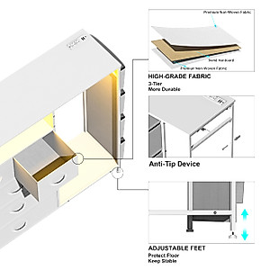 Espelism Dresser for Bedroom with Clothes Rack Side Pockets White 5 Drawers Dresser with Charging Station LED Lights Sturdy Steel Frame Wood Top Organizer Unit for Nursery Hallway Closet