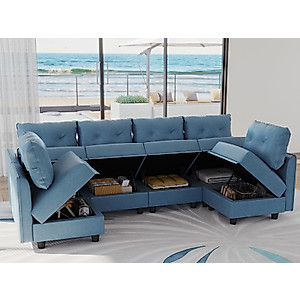 LLappuil Modular Sectional Sofa, Convertible U Shaped Sectional Couch with Storage, Modular Sectionals for Living Room, Faux Leather Fabric Waterproof Sofa, 6 Seat, Navy Blue