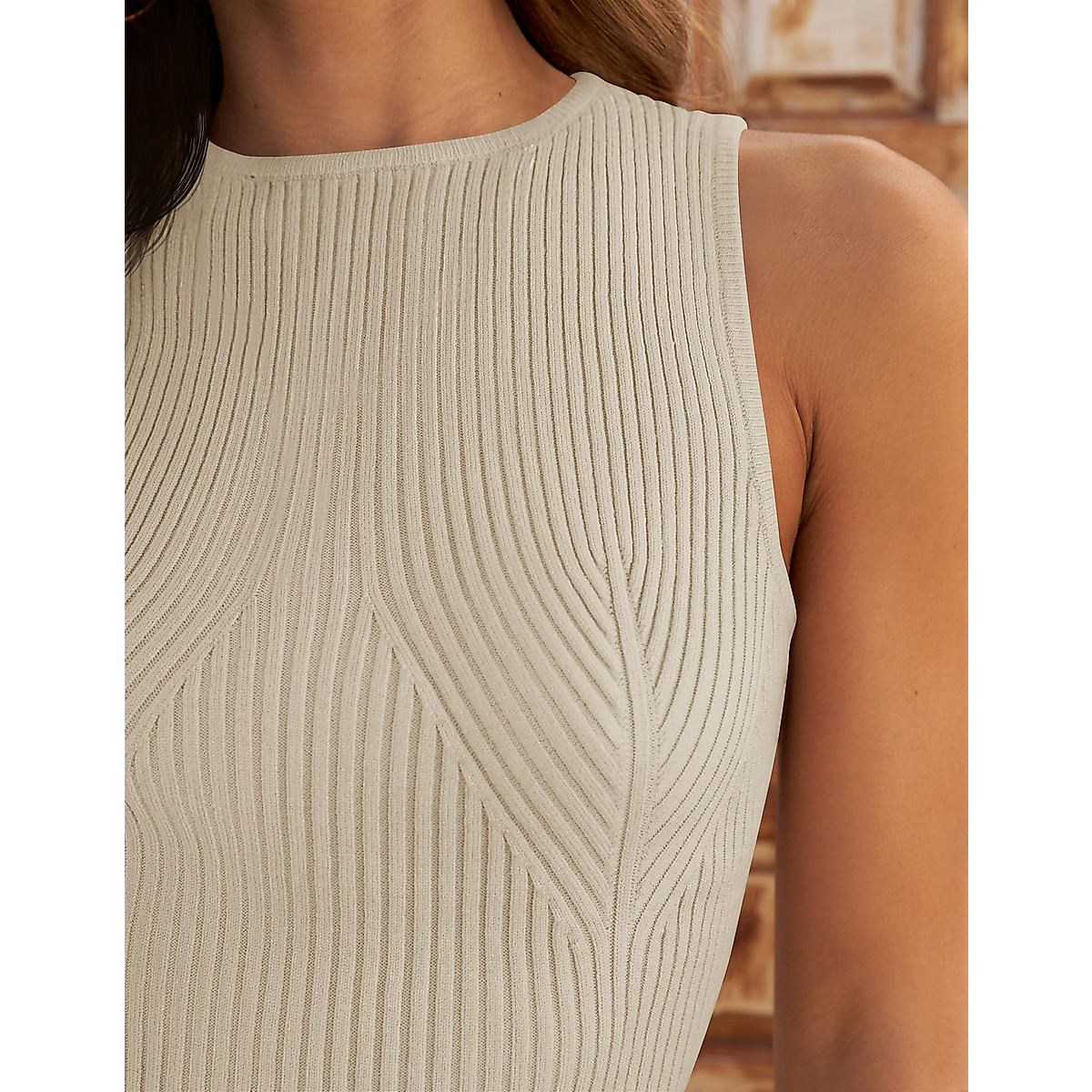 ZESICA Womens Ribbed Tank Tops 2024 Summer Sleeveless High Neck Casual Slim Fitted Basic Knit Shirts,Sand,Small