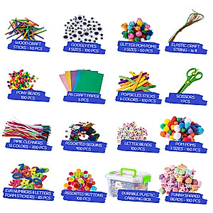 Jumbo Arts & Crafts Kit Box - 2,000+ Pieces Pompoms, Craft Sticks, Pipe Cleaners, Scissors, & More in Large Craft Box - Art Supplies Set for Adults & Kids Age 6,7,8,9,10,11,12 - Large Organizer Box