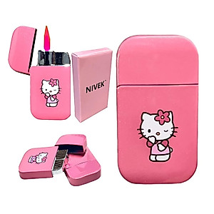 NIVEK Kitty Lighter Pink Flame KT Cat Dress Pink Top Torch Pocket Size Glitter Y2K Refillable Kawaii Windproof Flame Anime with Box