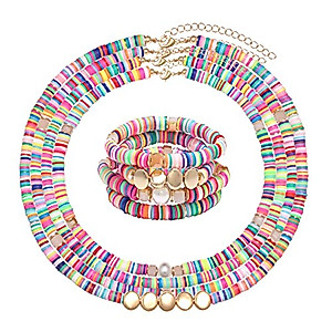 ARATLENCH Heishi Surfer Necklaces Bracelets –Colorful Vinyl Disc Beads Love Necklace Boho Rainbow Stack Stretch Friendship Bracelet Necklaces Set for Women
