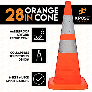 Collapsible Orange Traffic Safety Cone - 28 Inch - Heavy Duty Reflective Traffic Cones for Roadside Emergency and Vehicle Safety - for Parking, Caution Signs, Construction, Road Crews (1)