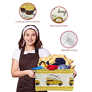 Storage Baskets for Organizing, Toy Box Chest Farm Sweet Honey Bee Truck Daisy Yellow Buffalo Plaid Foldable Cube Storage Bin with 2 Leather Handles Set of 2