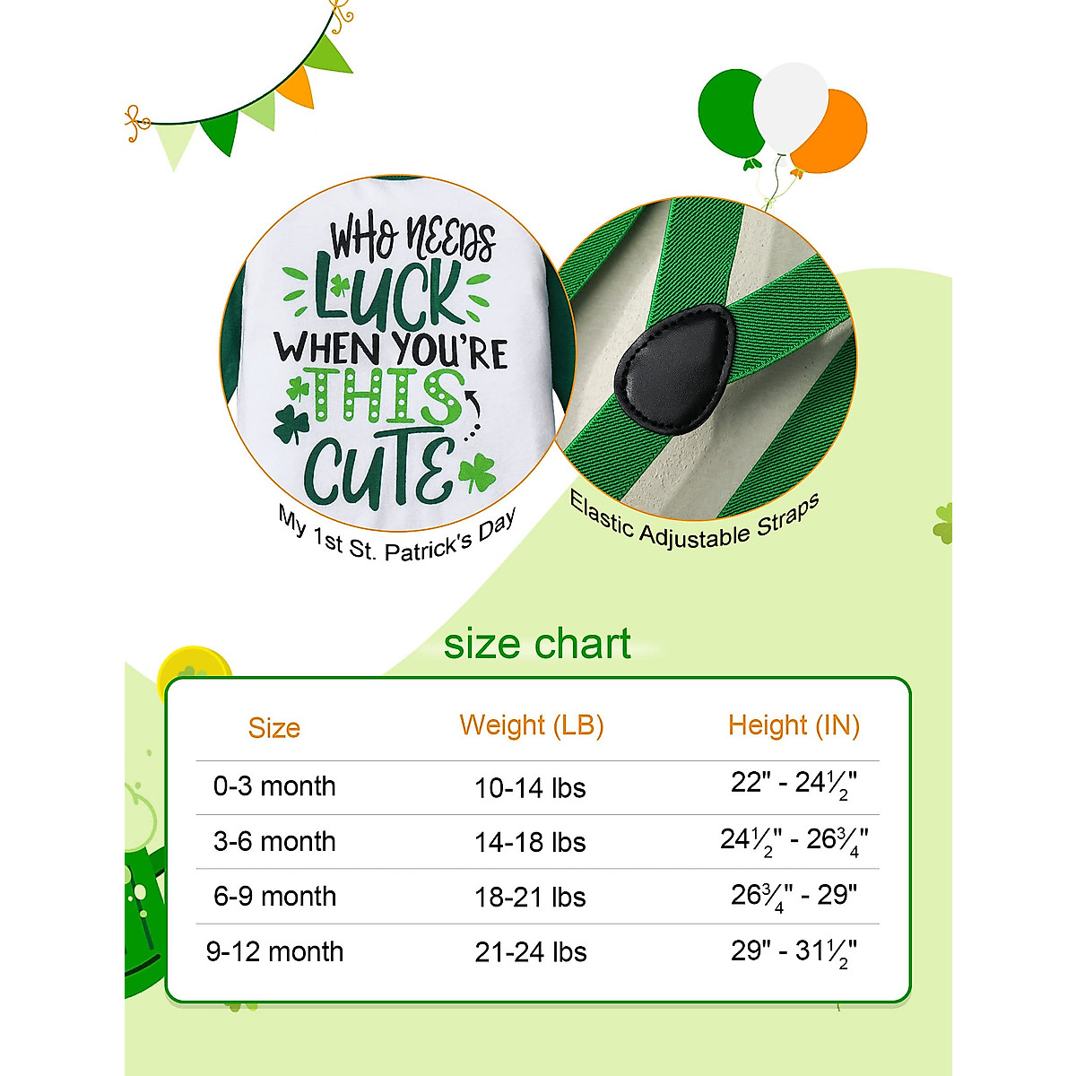 Queenstyle St Patricks Day Baby Boy Outfitt 3-6 Months My First St Patricks Day Baby Boy Outfit Romper Suspender Pants Print Hat 3Pcs Set