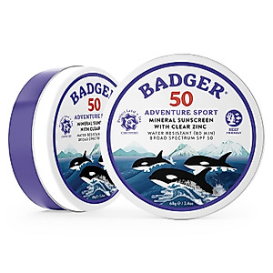 Badger Biodegradable Reef Safe Sunscreen, SPF 50 Mineral Sunscreen, 98% Organic Sunscreen Ingredients, Unscented, Water Resistant Adventure Sport Sun Cream, Travel Size Sunscreen 2.4 oz Tin