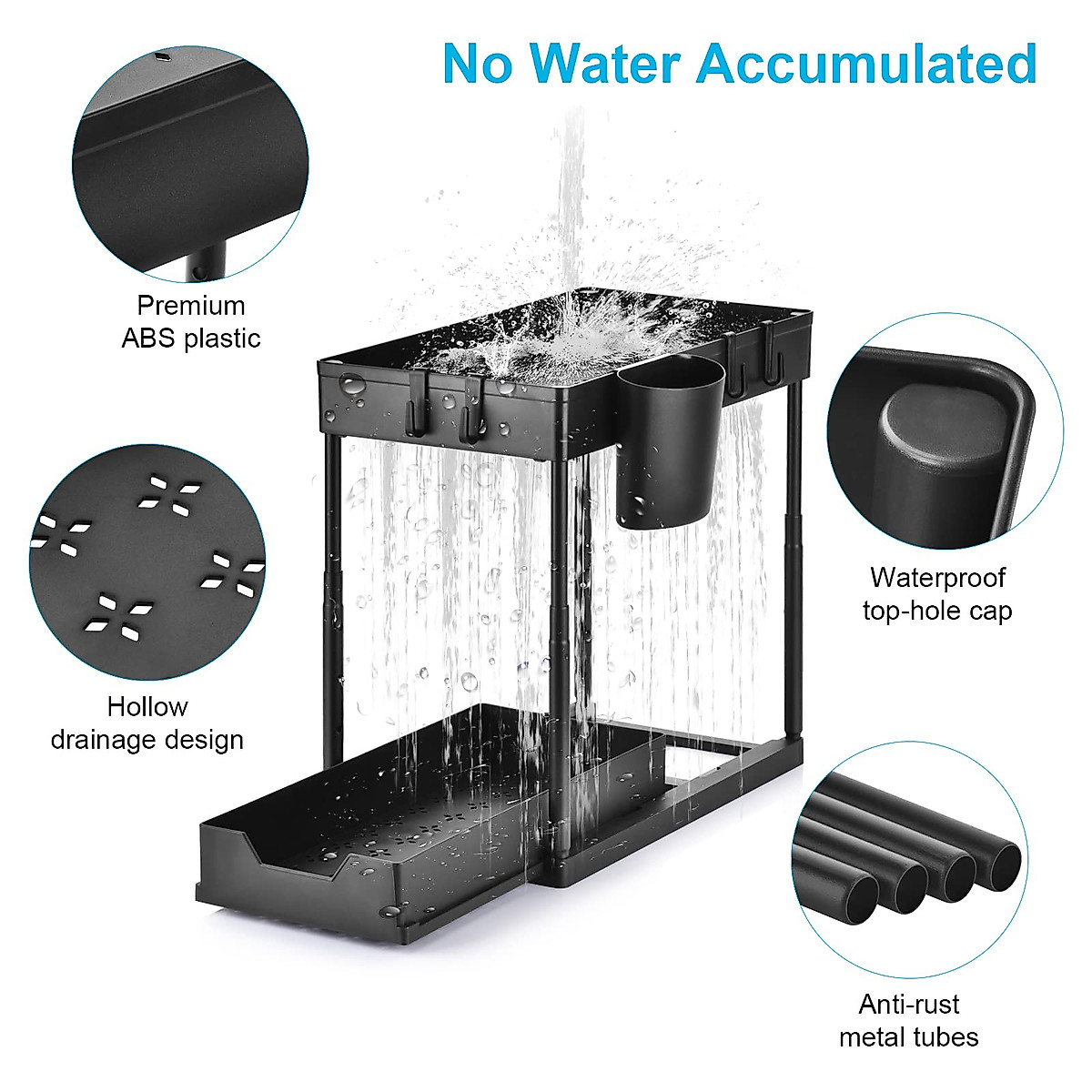 Height-adjustable Under Sink Organizers and Storage, 2-Tier Under the Sink Organizer with Sliding Drawer, Hooks, and Hanging Cup, Premium Bathroom Organizer Under Sink