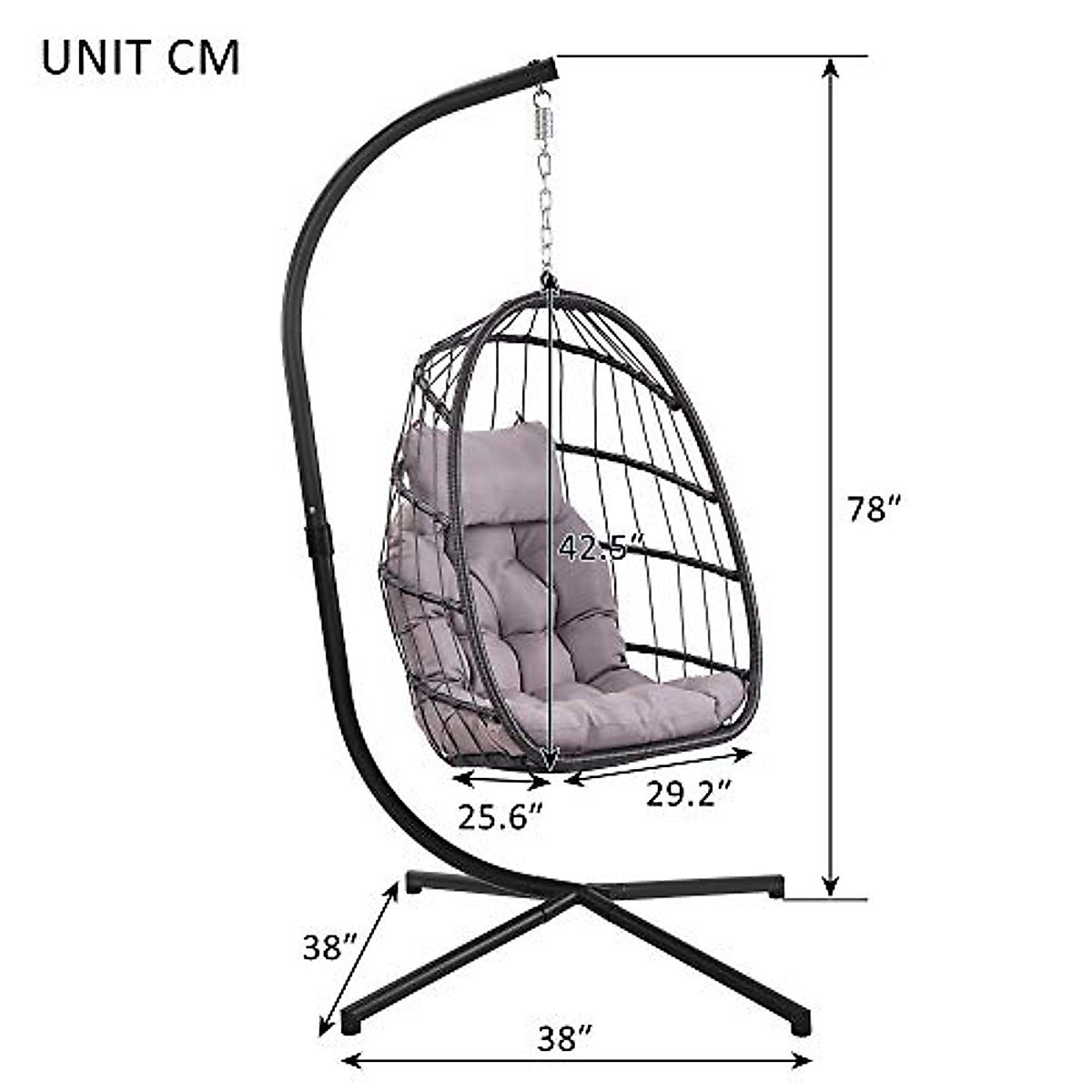 elify Wicker Hanging Swing Chair, Patio Rib Hanging Egg Chair with UV Resistant Grey Cushion and Aluminum Stand Frame in Door Outdoor Patio (Gray)