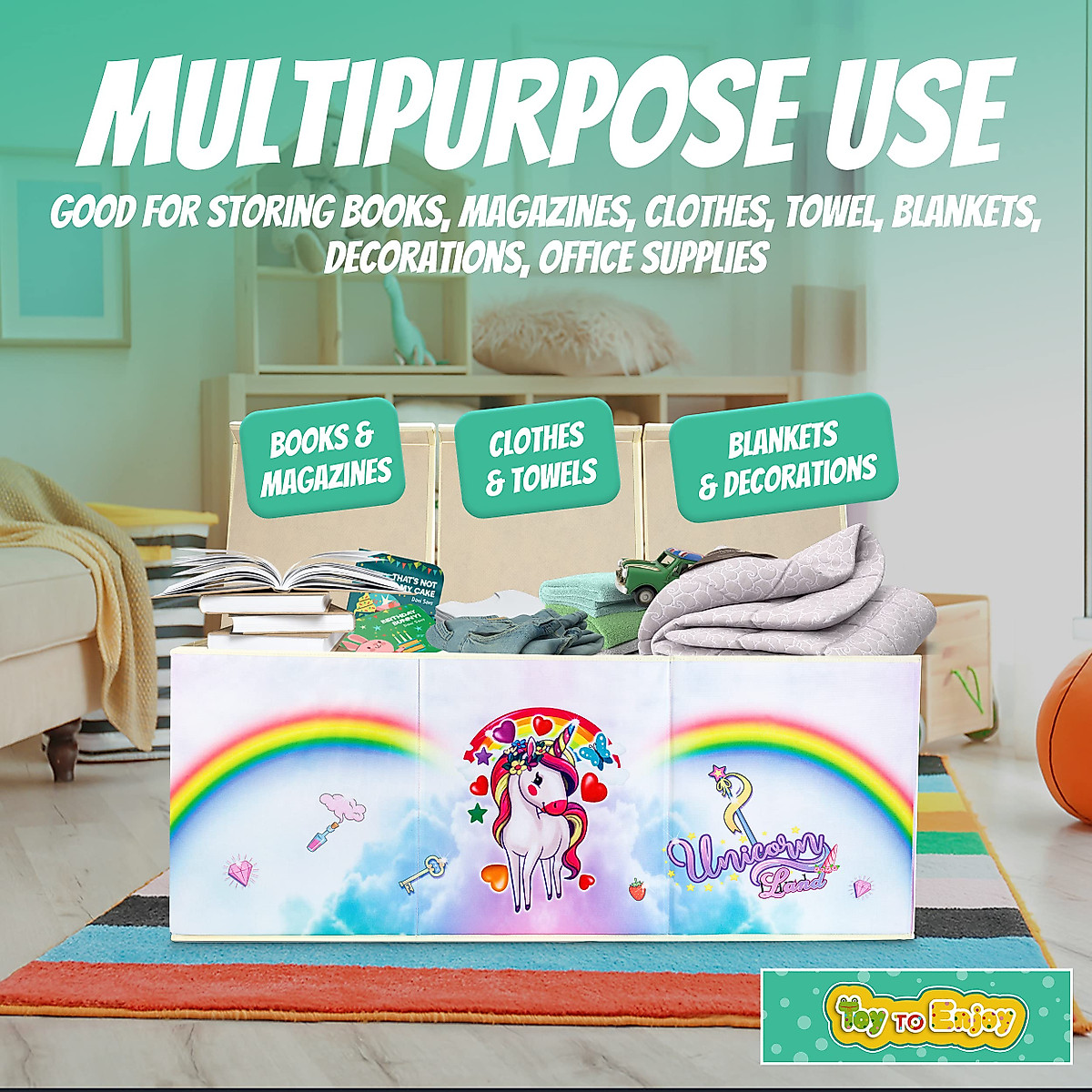 Toy To Enjoy Kids Toy Box - Large Stuffed Animal Storage, Collapsible Toy Chest Bin, Durable Fabric Toy Box for Boys & Girls - Storage Basket with Lid & Removable Inserts, 38x13x15 Inches (Unicorn)