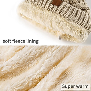 Beanies Women with Pom, Winter Hats for Women with Thick Warm Fleece Lining Cold Weather, Beanie Hats for Women Knit Slouchy(Black+Oatmeal)