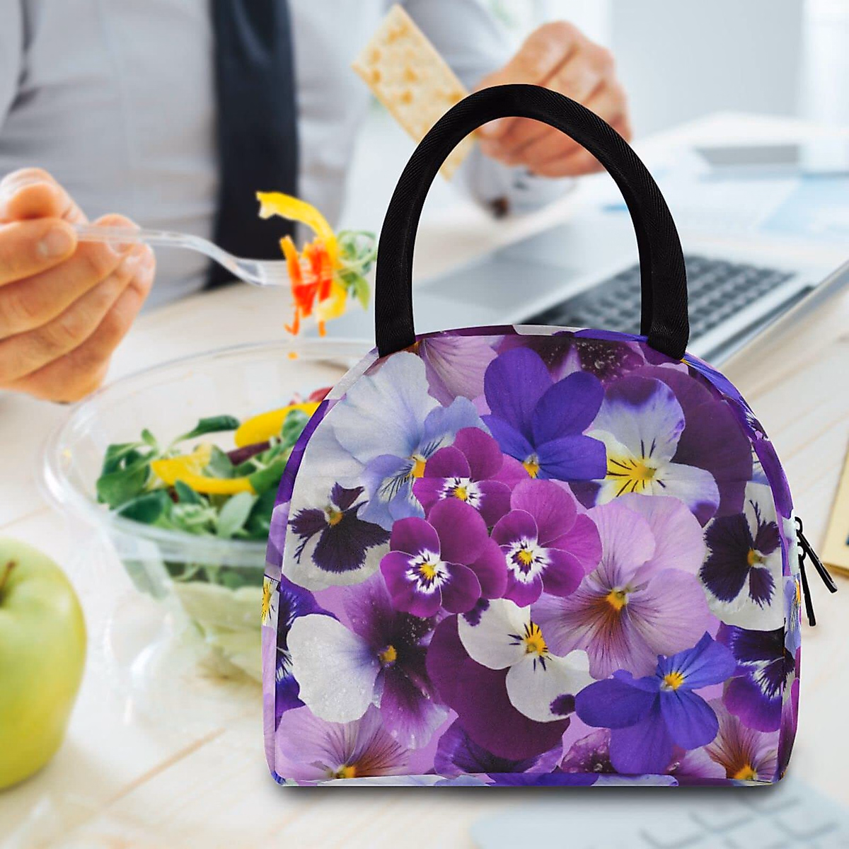 MCHIVER Lunch Bags for Women - Purple Pansy Flower Large Insulated Lunch box for Adult Lunch Tote for Work Reusable Cooler Bag Foldable Bag for Lunch