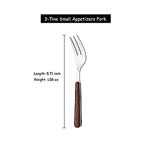 10-Piece Appetizer Small Forks, 5.7" Tasting Tea Forks Set, Stainless Steel Dessert Forks with Wooden Handle, 3-Tine Portable Cocktail Salad Fruit Forks for Party Travel (Silver & Faux Wood)