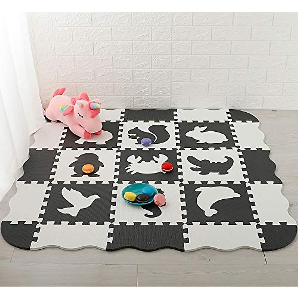 Nicunom 25 Pieces Foam Play Mat with Fence, 0.39 inch Thick EVA Interlocking Foam Floor Tiles with 9 Animal Patterns, Thick Playroom & Nursery Decor Playmat for Infants Toddler Kids