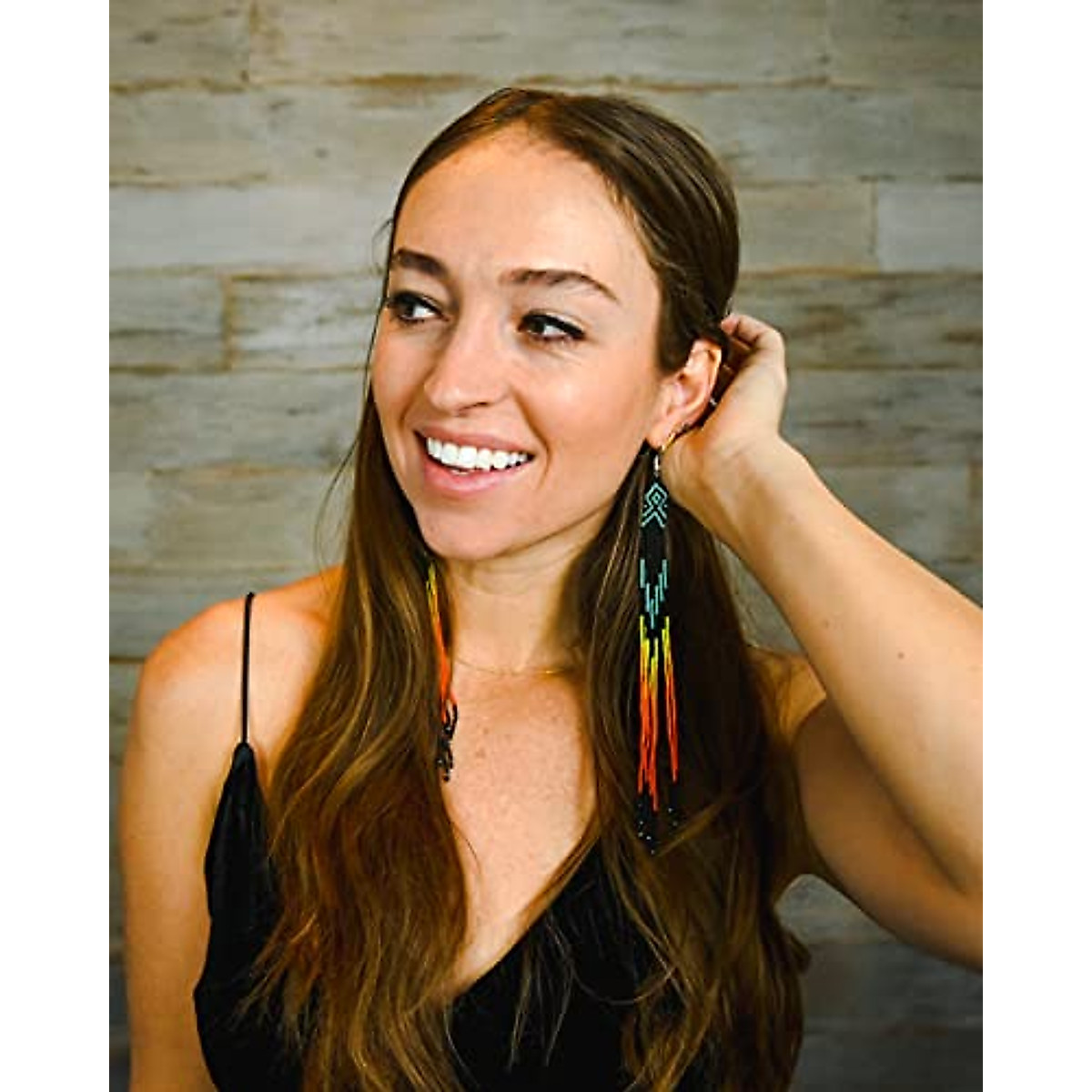 One of a kind Tribal Extra Long Beaded Earrings Handmade (Black Blue Fire)