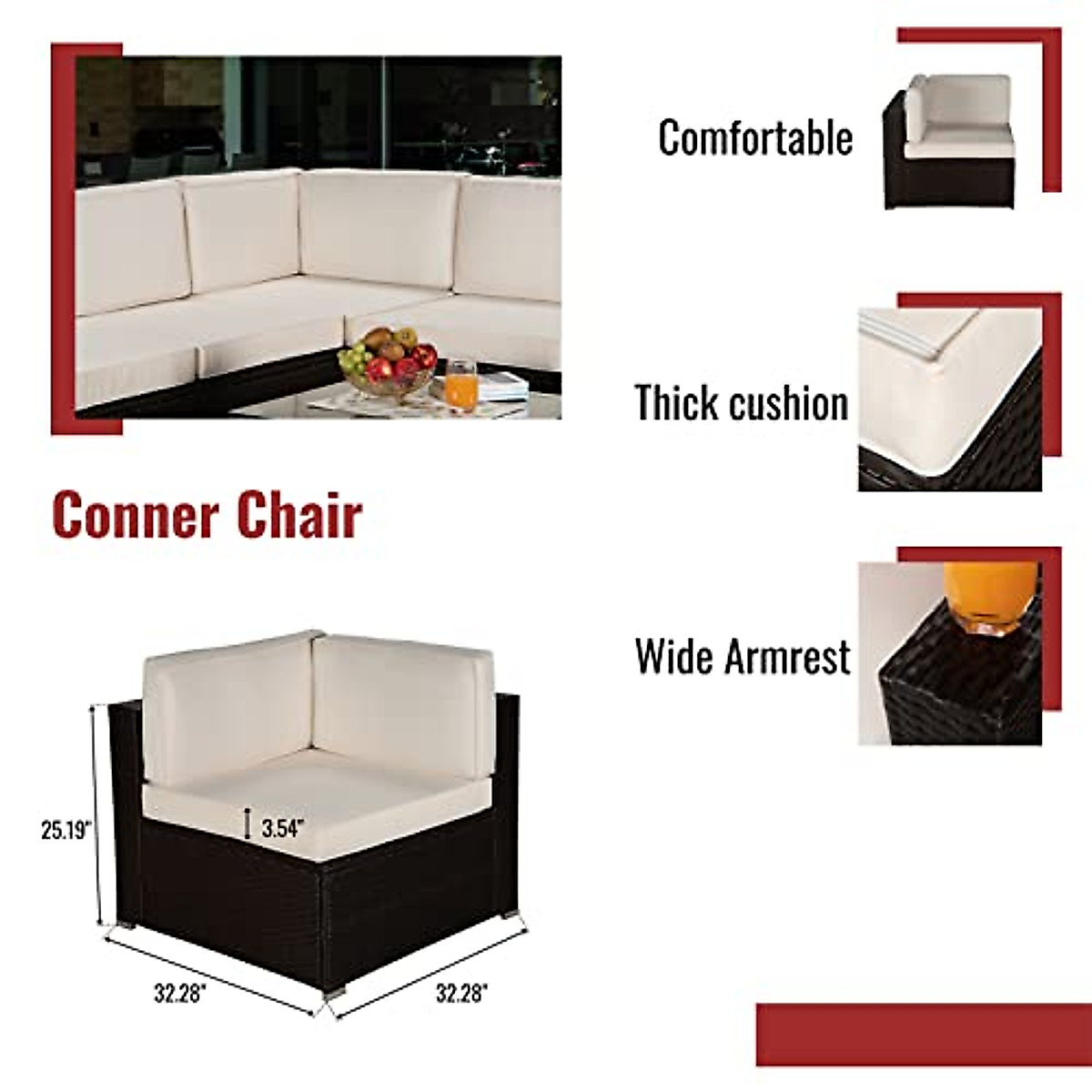 7 Pieces Outdoor Sectional Sofa Set, Brown PE Rattan Wicker Sectional Beige Cushioned Sofa Sets with 2 Red Pillows Patio Conversation Set with Glass Table for Lawn, Backyard, and Poolside