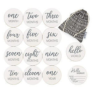 Natural Baby Milestone Discs - White Stain Wood Milestone Disc Set with Bag and Hello World Announcement Card - 13 Wooden Milestones Cards, Newborn Monthly First Year Picture Props, 1-12 Months