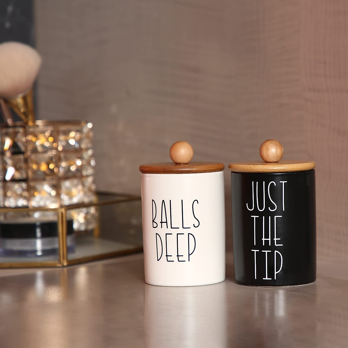 MOMEEMO Apothecary Jars with Lids for Bathroom Organization, Qtip Holder and Cotton Ball Holder are Great for Farmhouse Bathroom Decor, Rustic Bathroom Decor. (Ceramic)