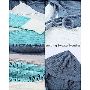 BLENCOT Women's Casual Color Block Hoodies Sweater Long Sleeve Drawstring Pullover Sweatshirts Fashion Knitted Tops Blue M