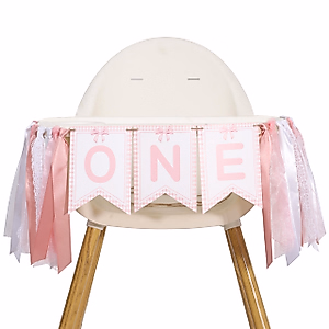 Pink Bow One High Chair Banner - One High Chair Bow Banner,Pink Bow Birthday Decoration,Pink Ribbon Girl 1st Birthday