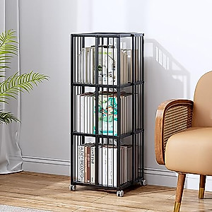 Huhote Rotating Bookcase Black 3 Tiers Metal Bookshelf, 360°Cubic Large Capacity for Small Space with Storage and Creative Multi-Layer Shelves,Magazine&Books for Bedroom Living Room Study and Office