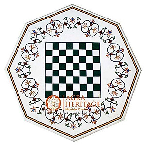 Whtie Marble Chess Dining 51" Table Top Floral Marquetry Arts Playroom Decor Gift For Chess Player