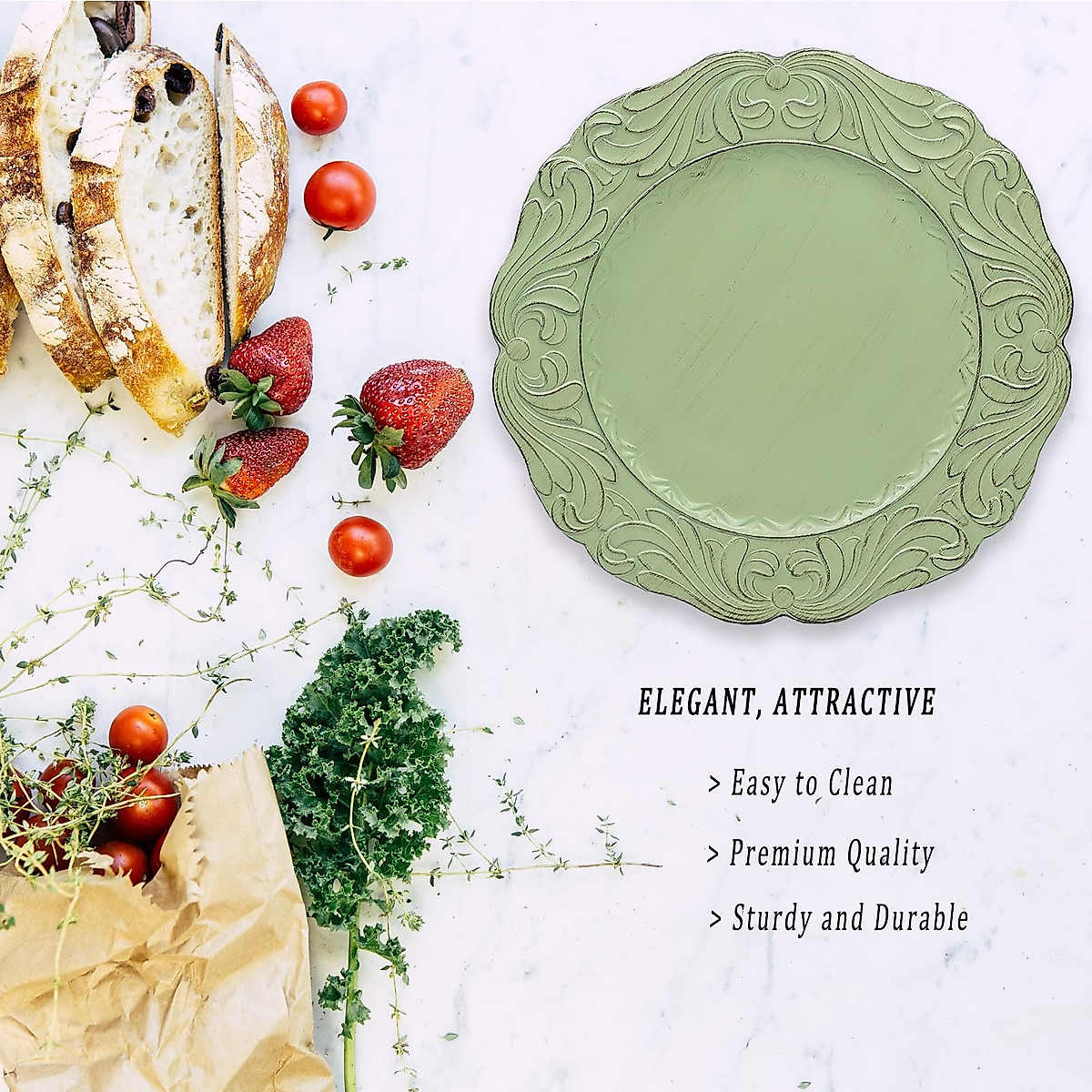 Leemxiiny Antique Green Charger Plates with Embossed Edge, Plastic Flora Decorative Chargers for Dinner Plates Set of 6 Bulk Wedding for Table Setting, Party, Holiday