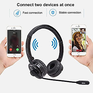 BUNDLE 1 Bluetooth Stereo Headset wireless Headphones with Mic WITH 1 BLUETOOTH TRANSMITTER DONGLE. Great for Home Office & Business, PC, Call Centers, Skype Calls, Foldable On Ear Design