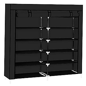 Vasitelan 7 Tier Shoe Rack Storage Organizer, Portable Double Row Shoe Rack Shelf Cabinet Tower for Closet with Nonwoven Fabric Cover (Black)