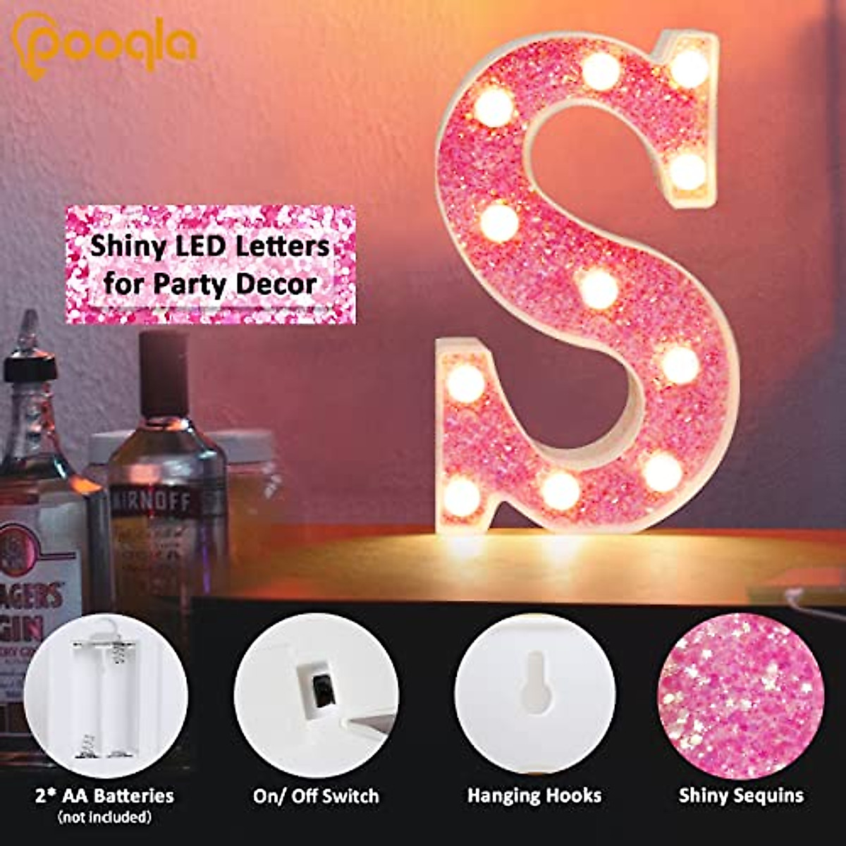 Pooqla LED Marquee Letter Lights, Light Up Pink Letters Glitter Alphabet Letter Sign Battery Powered for Night Light Birthday Party Wedding Girls Gifts Home Bar Christmas Decoration, Pink Letter M