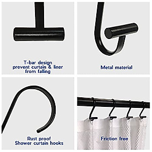 Metal Shower Curtain Hooks,Rust Proof Shower Curtain Rings for Bathroom,T-Bar Decorative Shower Curtain Hooks for Shower Rod,Set of 12(Black)