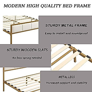 Queen Size Platform Bed Frame with Upholstered Headboard, Platform Bed Frame with Metal Frame & Sturdy Wood Slat Support, No Box Spring Needed for Bedroom Family Furniture Boys Girl (Queen, Beige)
