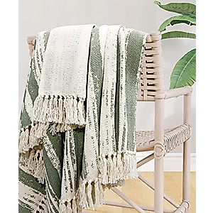 Godimerhea Green Throw Blanket Cotton White Boho Striped Decorative Blankets for Couch Sofa Bed, Soft Cozy Knit with Tassel, Rustic Shabby Chic, 50" x 60"