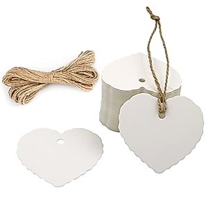 100PCS Kraft Paper Gift Tags Heart Paper Tags with Twine for DIY Crafts & Price Tags, Birthday, Valentine,Wedding and Party Favor (White)