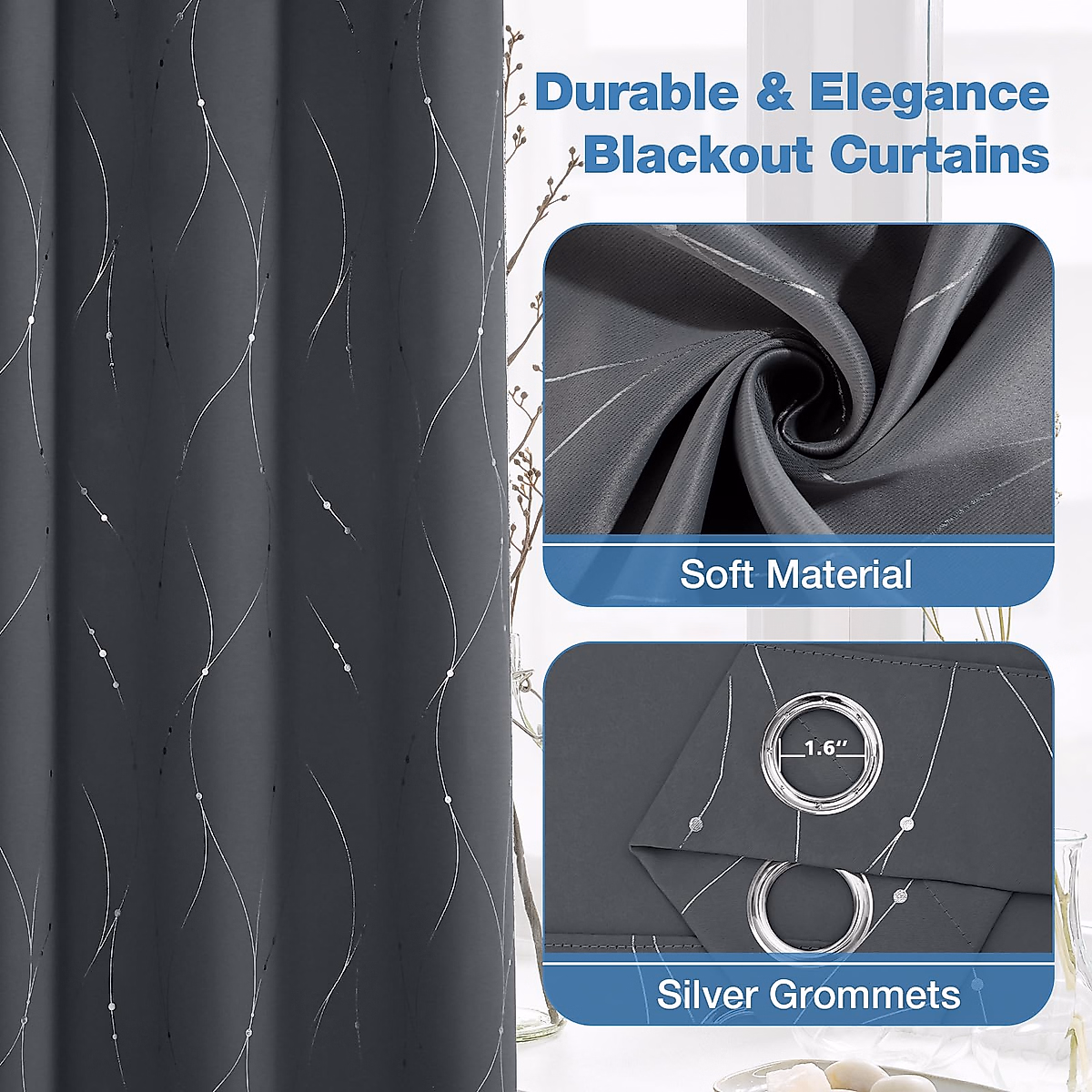 BUHUA Dark Grey Blackout Curtains, Insulated Curtains 63 Inch Length, Dining Room Curtains with Wave Printed, Energy Efficient Curtains for Bedroom 52W×63L, 2 Panels