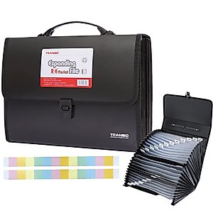 26 Pockets Accordion File Organizer with Handle,TRANBO Letter Size/A4 Expanding File Folder, Portable Paper Organizer, Expandable Plastic Document Organizer for Business Travel School Office