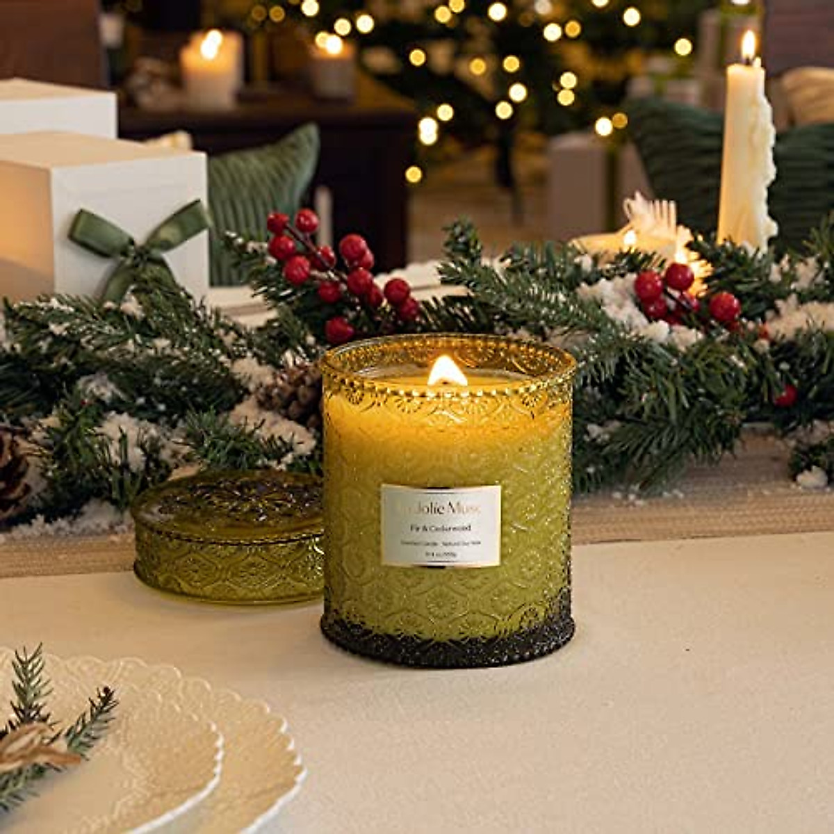 LA JOLIE MUSE Fir & Cedarwood Scented Candle, 19.4 Oz Large Winter Holiday Gift Candle, Wood Wicked Candle for Home Scented, Long Burning Glass Jar Candle