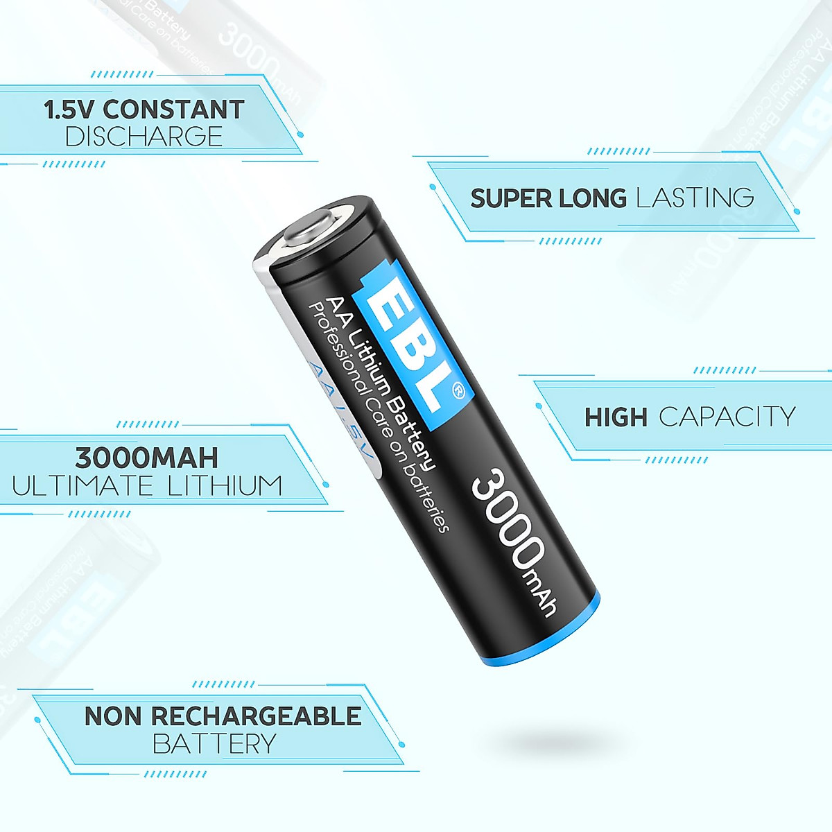 EBL 16 Pack AA Lithium Batteries 3000mAh 1.5V - High Performance Constant Volt Double A Battery for Blink Security System Flashlight Toy【Non-Rechargeable Batteries】
