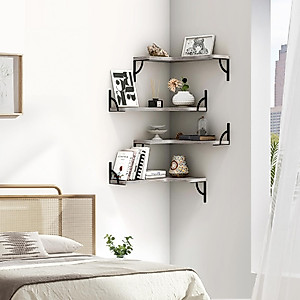 Canupdog Corner Floating Shelf Wall Mount 4 Tier Wood Floating Shelves, Easy-to-Assemble Tiered Wall Storage, Wall Organizer for Bedrooms, Bathrooms, Kitchens, Offices (Rustic White)