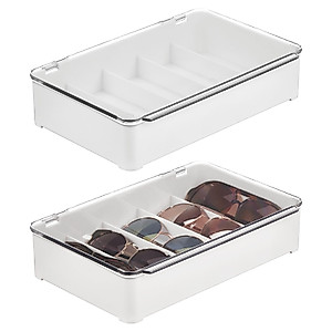 mDesign Plastic Stackable Eyeglass Case Storage Organizer with Hinged Lid for Unisex Sunglasses, Reading Glasses, Fashion Eye Wear, Protective Glasses, 5 Sections, Ligne Collection - 2 Pack - White