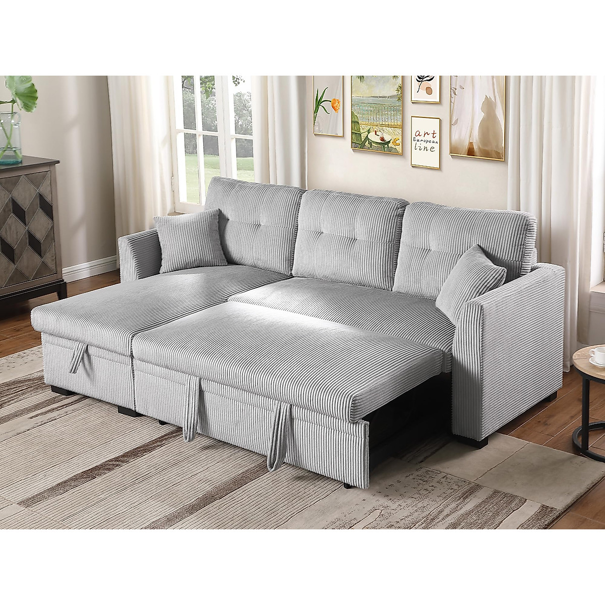 BEEY Small Sleeper Sofa, 82" Convertible L Shaped Couch with Pull Out Bed and Storage Chaise, Corduroy Sectional Sofa Bed for Bedroom, Living Room, Apartment, Light Grey