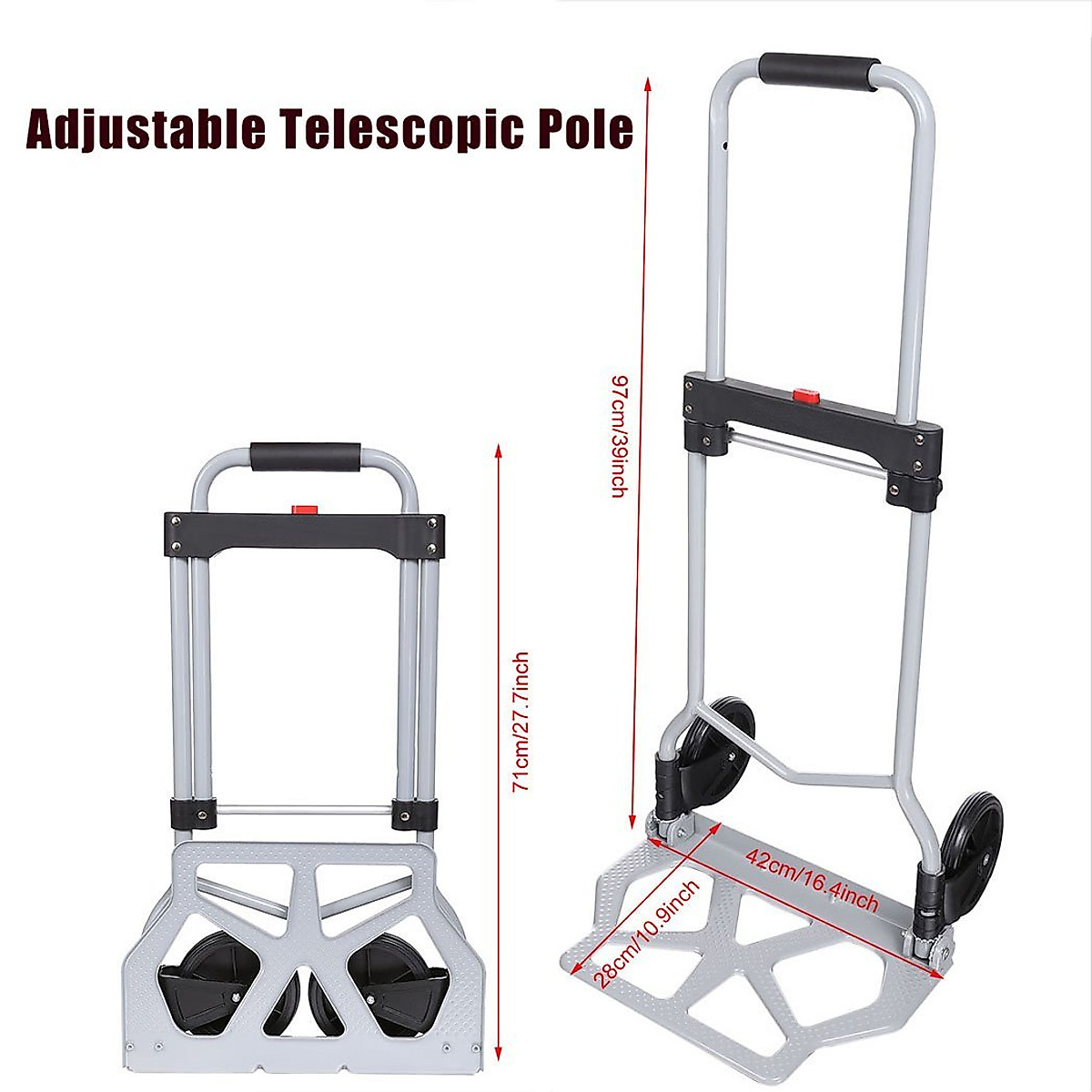 Kemanner Lightweight Folding Hand Truck Portable Luggage Trolley Cart with 2 Wheels for Personal, Moving, Travel and Shopping Use - Support 220lbs Capacity (Silver)