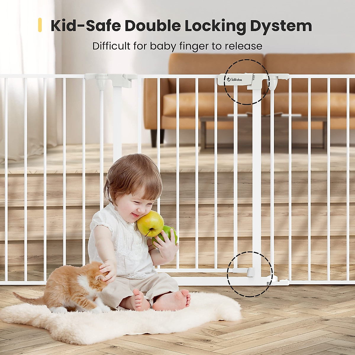 Tokkidas 24.4”-80” Auto Close Baby Gate, Extra Wide Dog Gate with One Hand Operation, Hardware Mount, Foldable 3 Steel Panels Angle, Deluxe Walk Thru Pet Gate for Stairs, Doorways, Kitchen, 29” Height