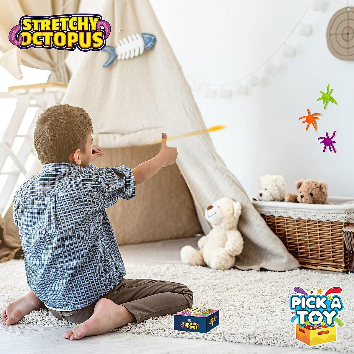 Octopus Wall Crawling Sticky Toys for Kids, 4 Pack, Soft and Flexible Squishy Walkers, Bright and Colorful Climbers, Washable and Reusable Stickiness, Birthday Party Favors and Easter Basket Stuffers