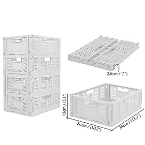4-Pack Folding Storage Boxes Crate Collapsible Plastic Drawer Organizer , Stackable Shelf Storage Basket Food Fruit Vegetables Bottles Toy Organiser Baskets for Home Office Bedroom Kitchen -White